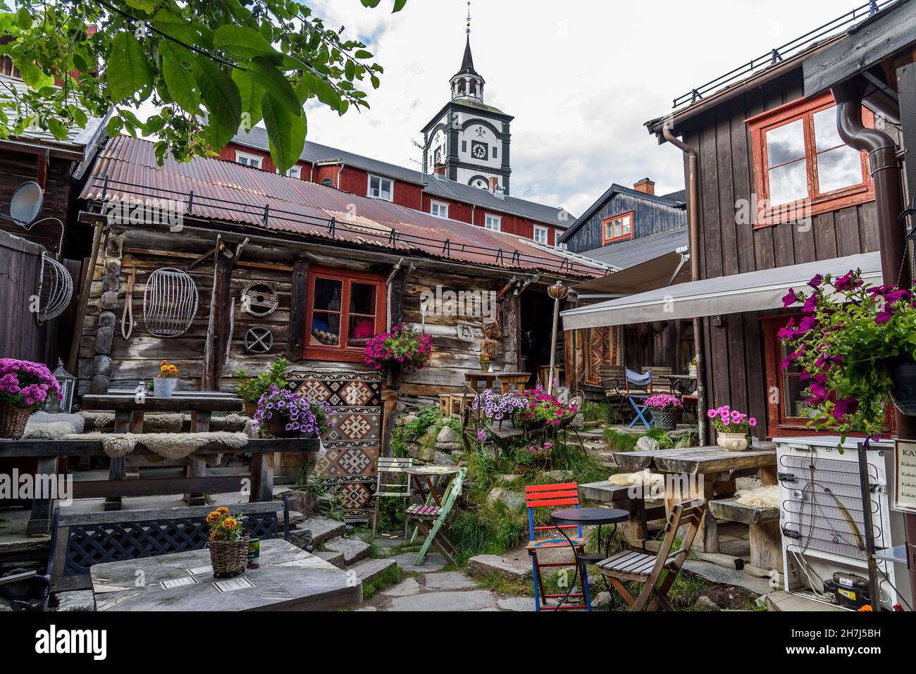 Backyard cafe in the mining town of Røros: Bergstaden (old town), Roros ...