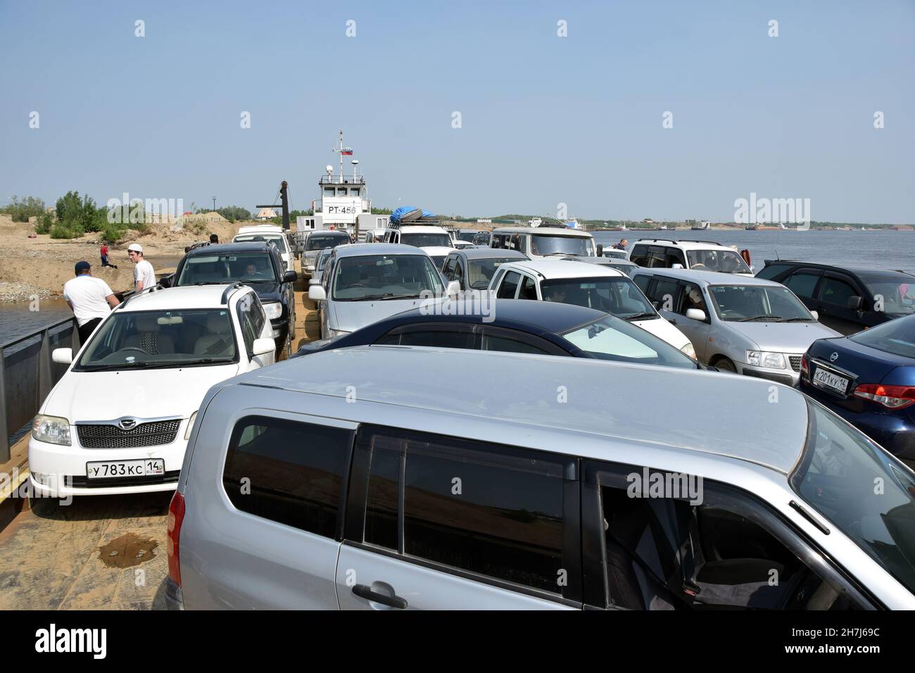 The ferry which crosses the Lena river from Nizhniy Bestyakh on the ...