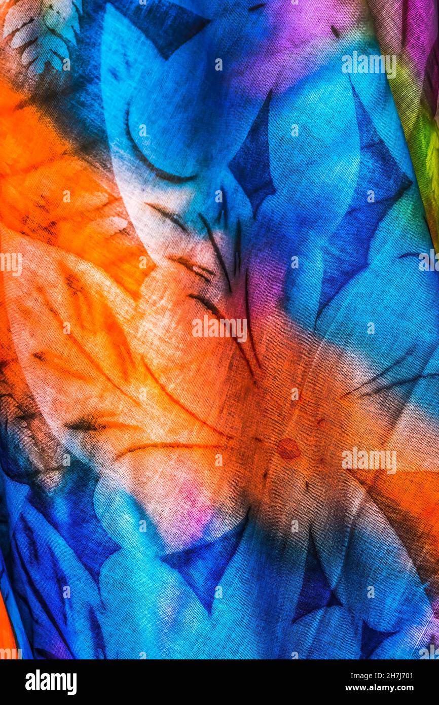 Colorful Orange, Blue Tropical Tahitian Polynesian Floral Textiles ...