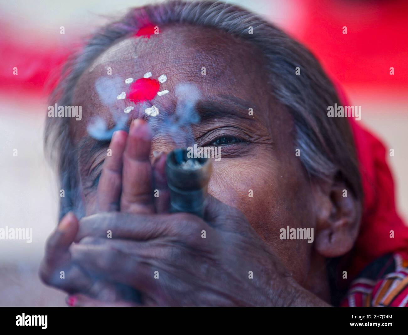 The Sadhus (Holy Men) smoke ganja (Cannabis) at a temple during Brahma ...