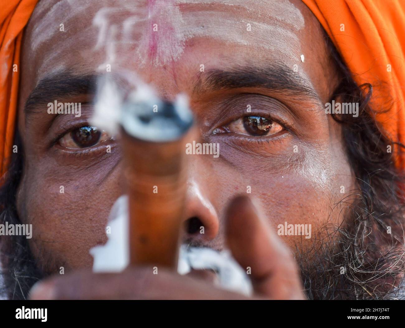 The Sadhus (Holy Men) smoke ganja (Cannabis) at a temple during Brahma ...