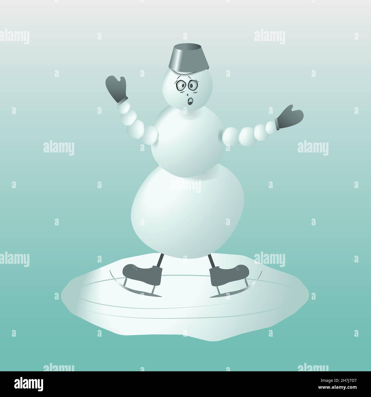 frightened snowman in skates on ice. winter vector illustration ...