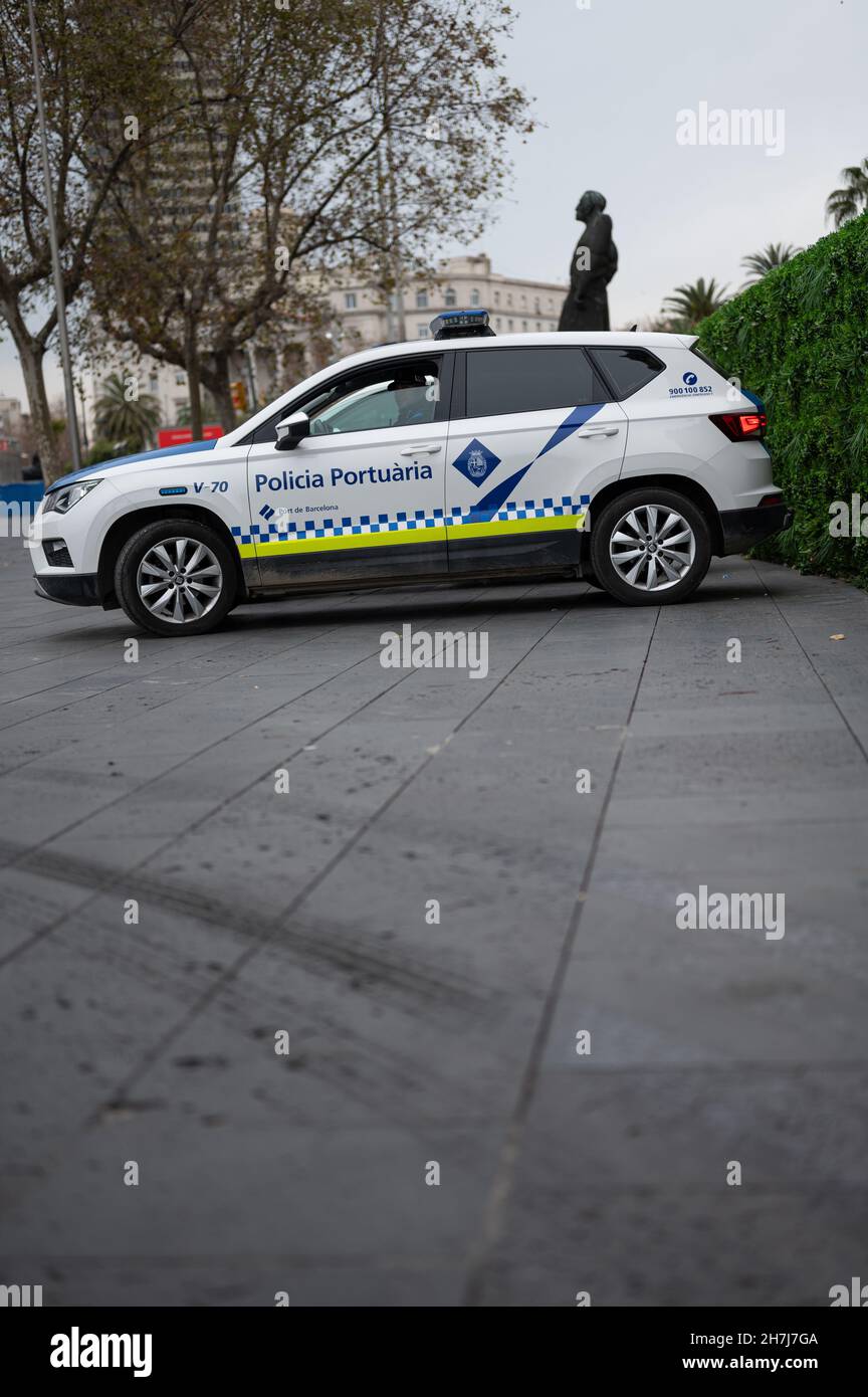 BARCELONA, SPAIN - Oct 25, 2021: A vertical shot of a port police car ...