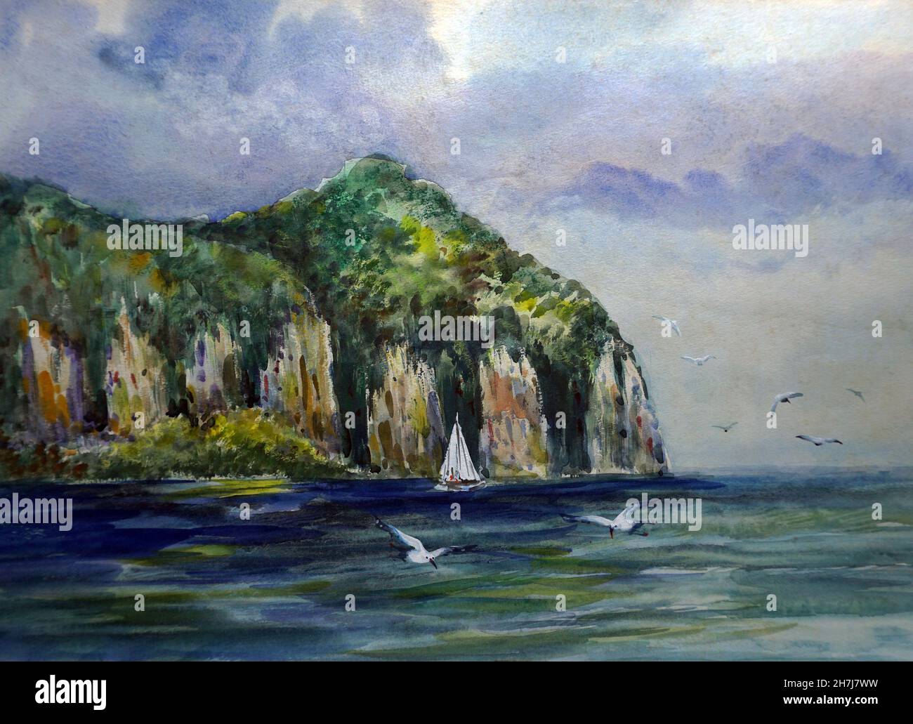 Art painting hand drawn watercolor sea wave boat birds hi-res stock ...