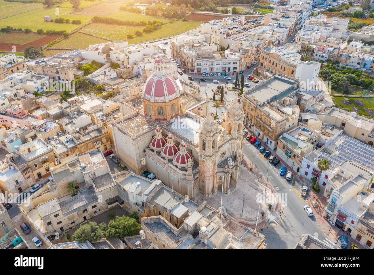 Zabbar Parish Church on the island of Malta, aerial view above, around ...