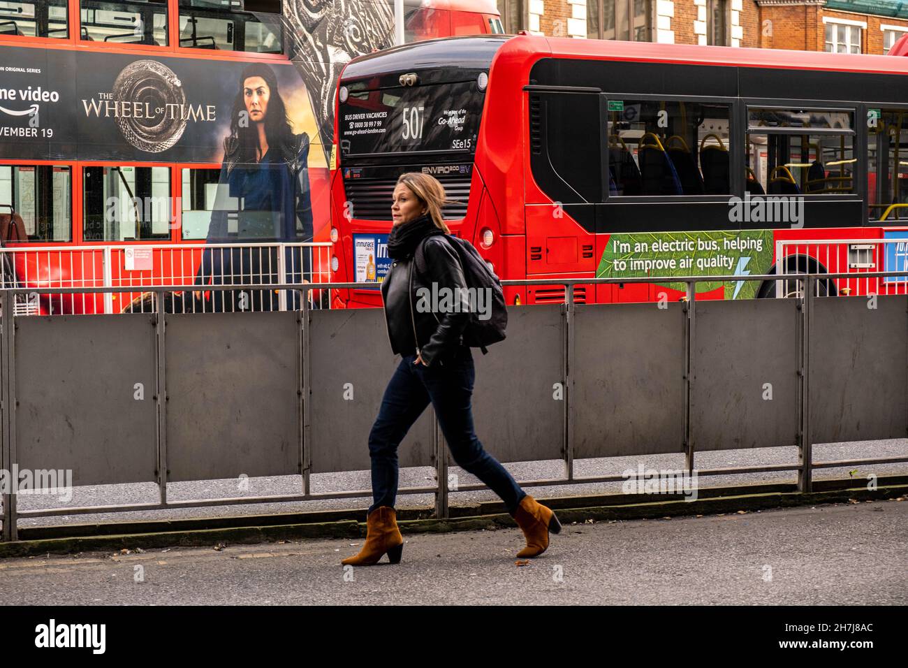 Victoria London England UK, November 21 2021, Woman Alone Walking Past ...