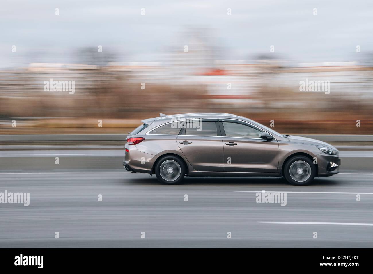 Ukraine, Kyiv - 23 November 2021: Gray Toyota HiAce car moving on the ...