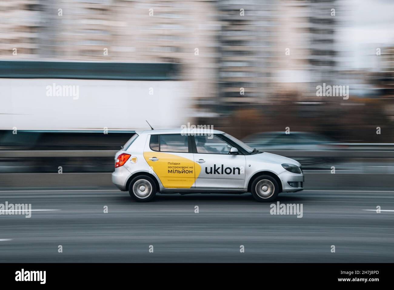 Ukraine, Kyiv - 23 November 2021: White Skoda Fabia Taxi Uklon car ...