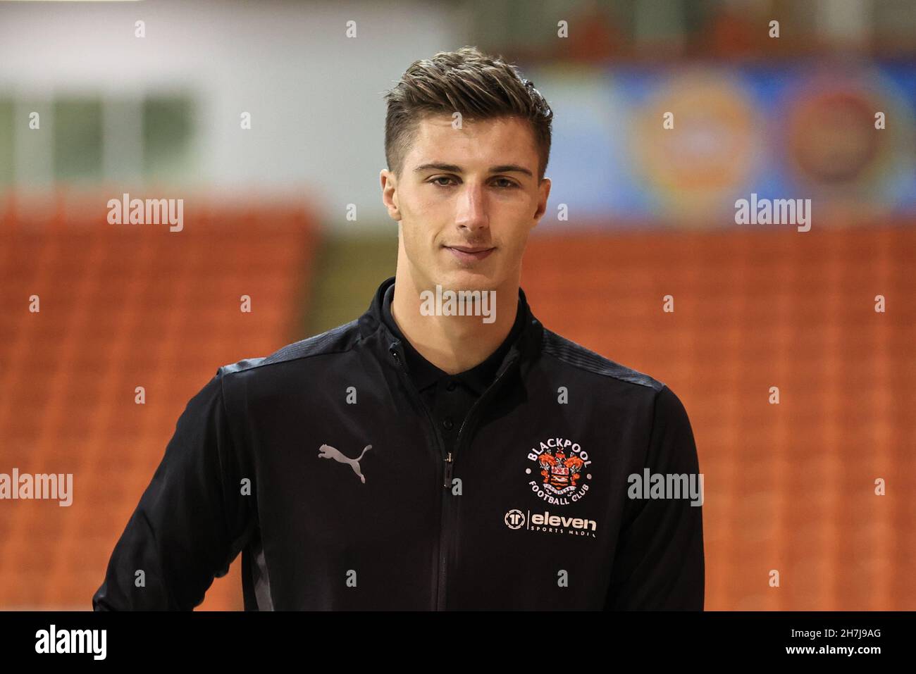 Stuart Moore #13 of Blackpool arrives at Bloomfield Road Stock Photo ...