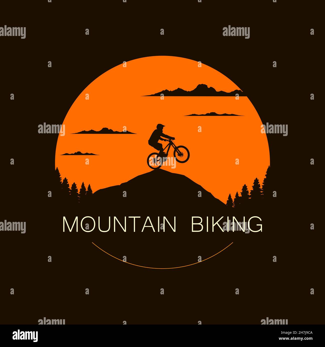 Round mountain bike logo design with extreme cyclist on top of a hill ...