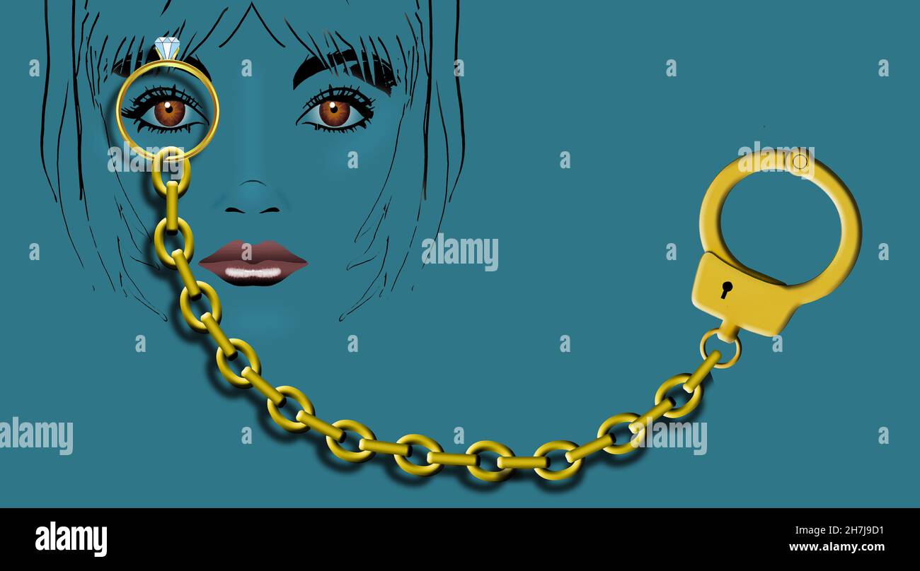 An engagement ring is seen with a chain attached TO A HANDCUFF in a 3-d ...