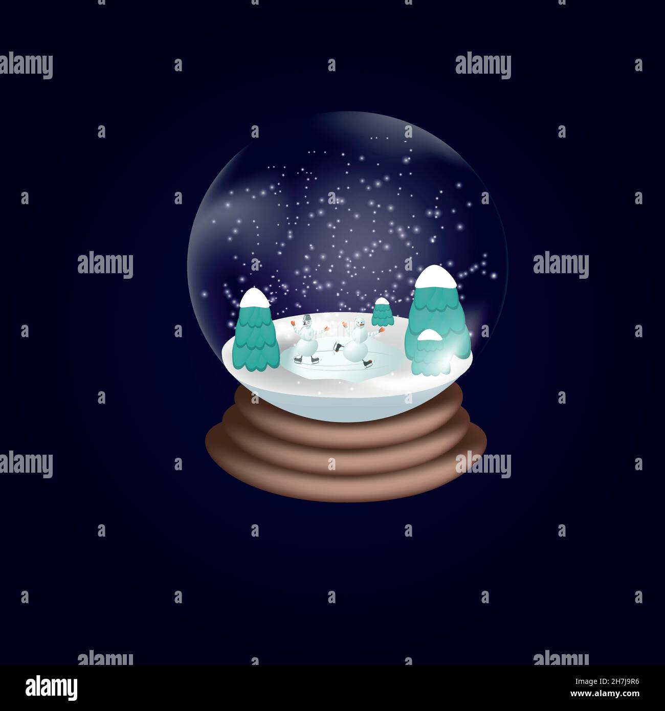 two snowmen are skating on a forest skating rink in a snow ball ...