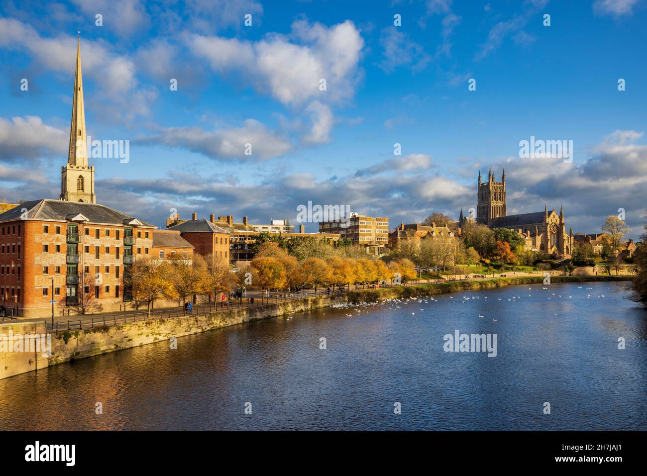 Worcester Cathedral and St Andrews Spire on the River Severn ...
