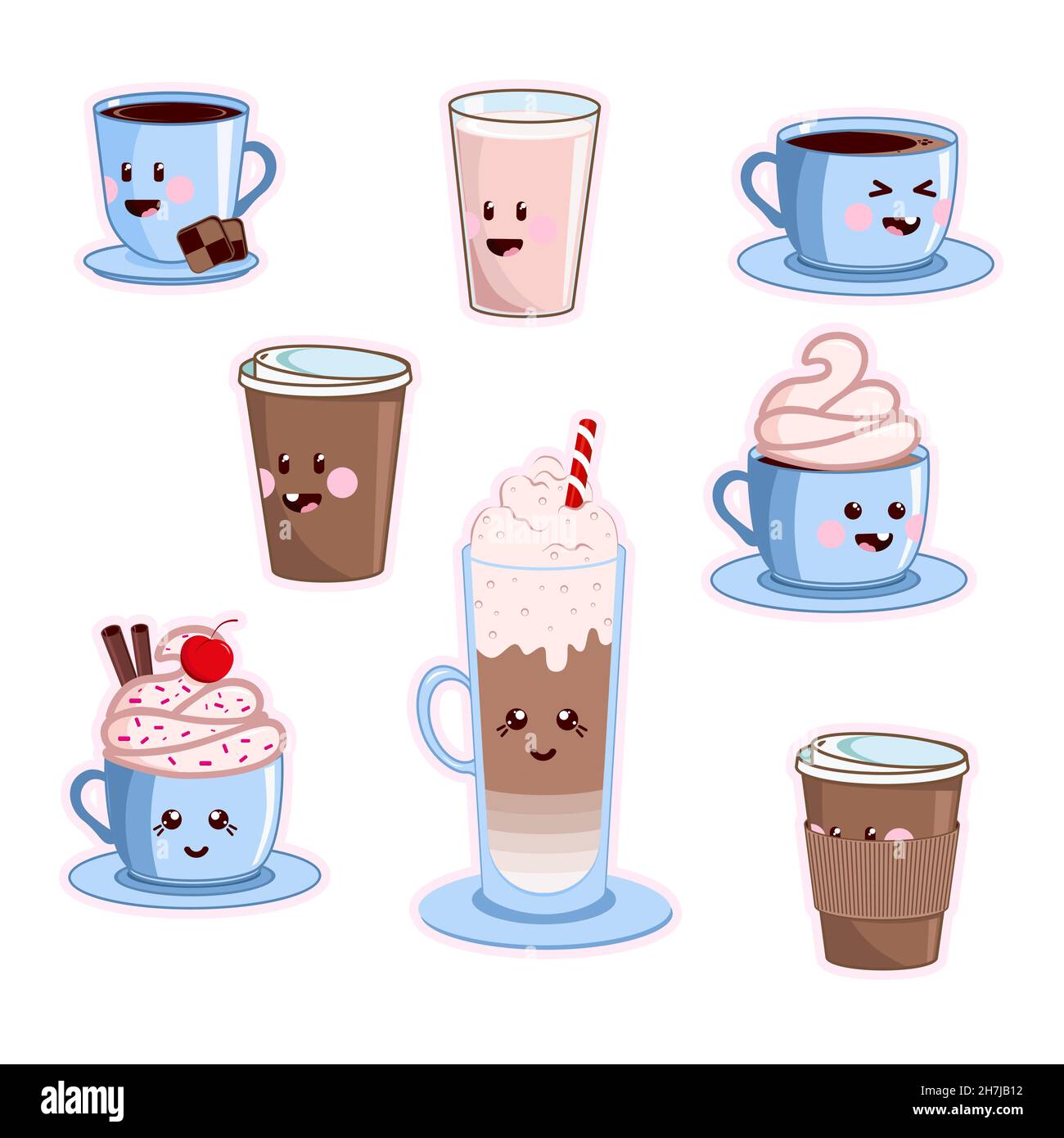 Kawaii coffee set. Various cute cafe drinks. Vector coffee cups with ...