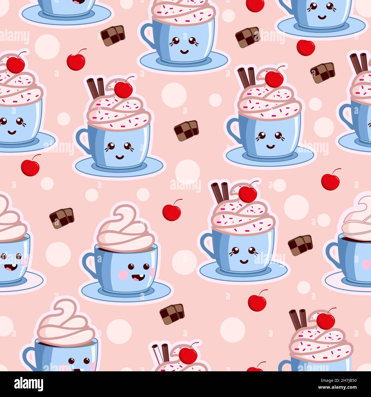 Seamless pattern of Kawaii coffee set. Various cute cafe drinks. Vector ...