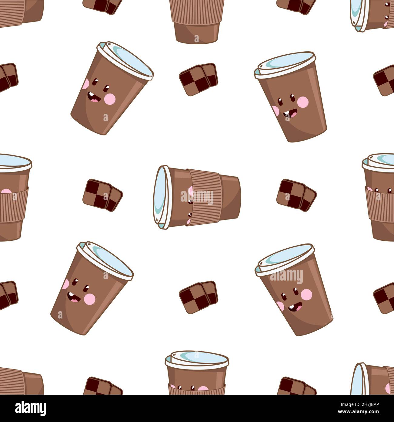 Seamless pattern of Kawaii coffee set. Various cute cafe drinks. Vector ...