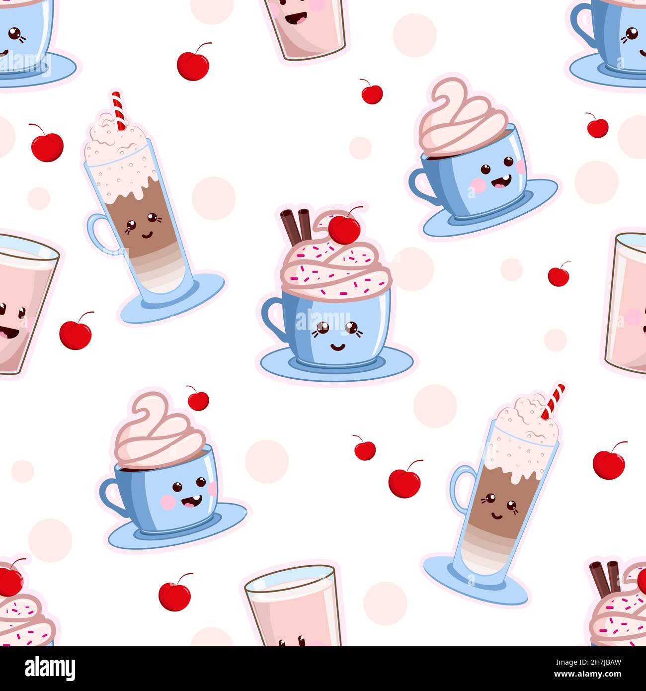 Seamless pattern of Kawaii coffee set. Various cute cafe drinks. Vector ...