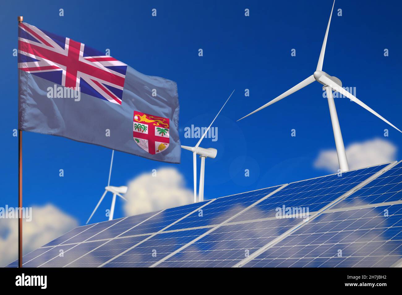 Fiji renewable energy, wind and solar energy concept with wind turbines ...