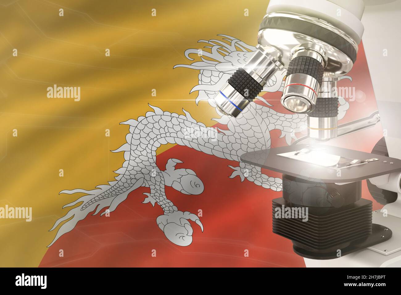 Bhutan science development concept - microscope on flag background ...