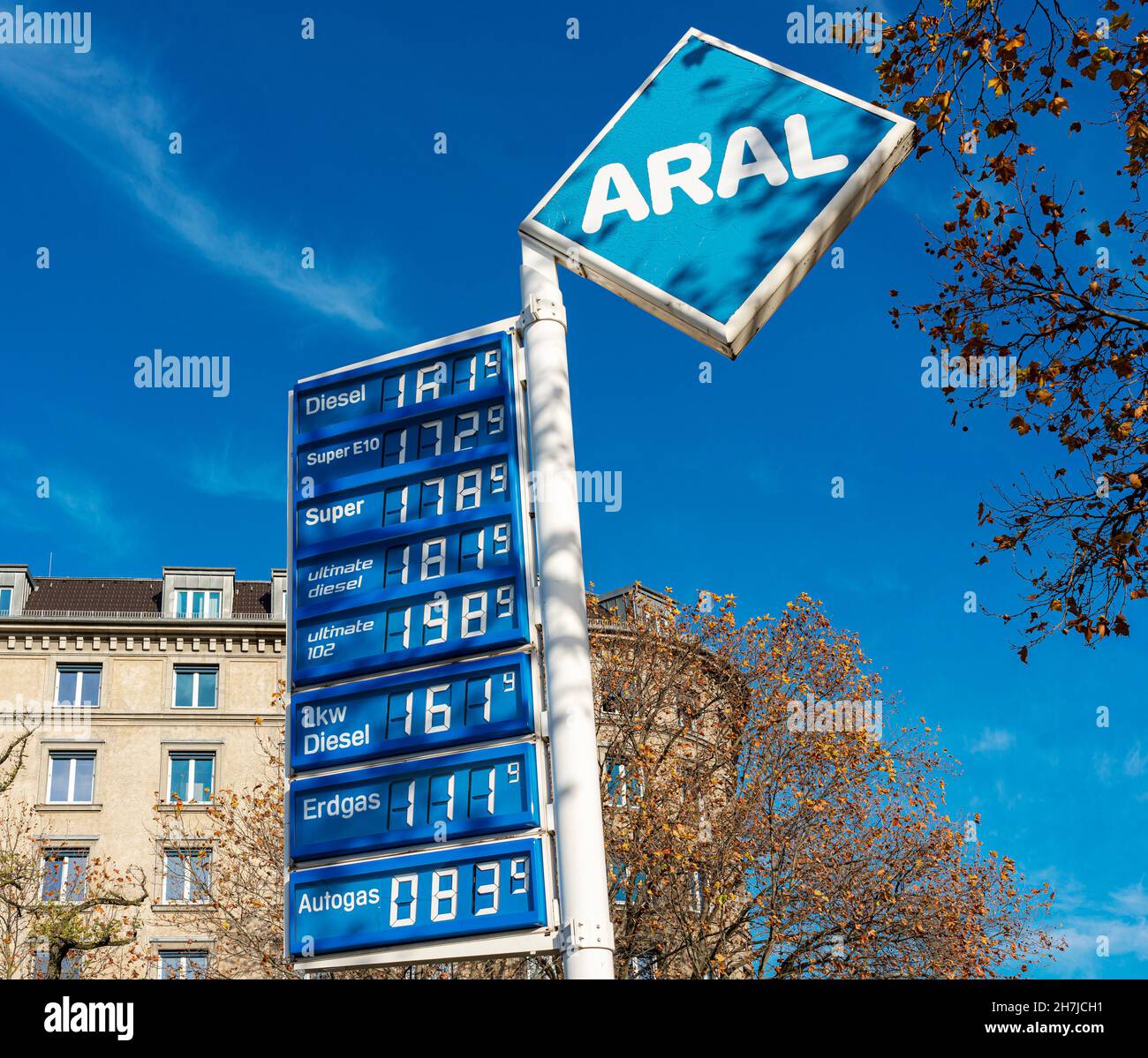 Gas Station With Current Gasoline Prices Stock Photo - Alamy