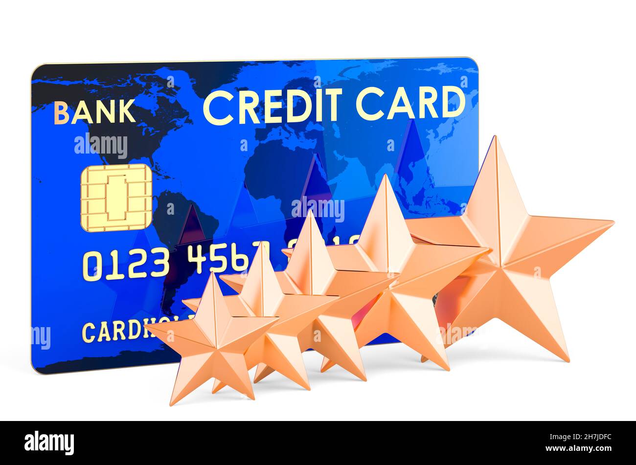 Bank card with five golden stars. 3D rendering isolated on white ...
