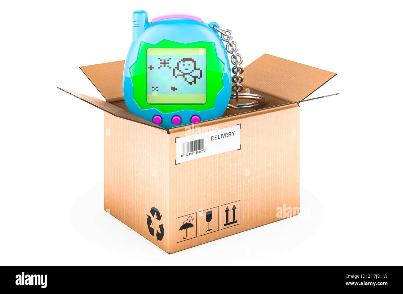 Digital pet, electronic game inside cardboard box, delivery concept. 3D ...