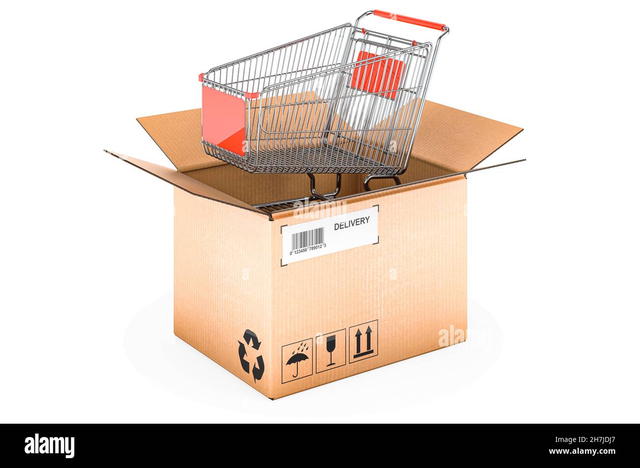 Shopping cart inside parcel, order and delivery concept. 3D rendering ...