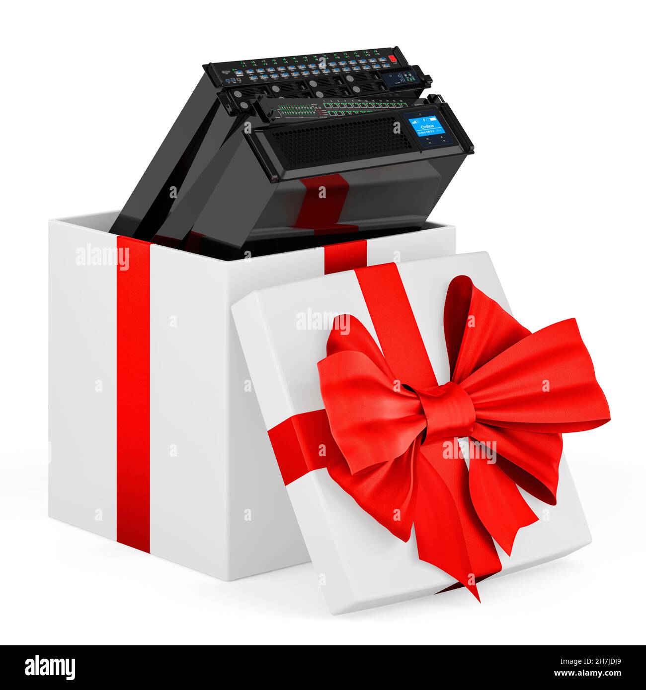 Server equipment inside gift box, present concept. 3D rendering ...