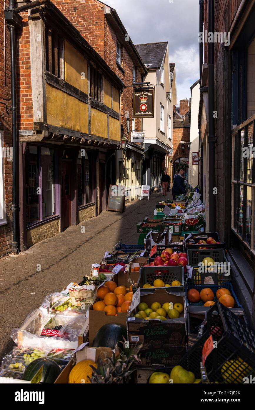 Fruit and veg display outside a grocers shop in the Rows, Ludlow ...