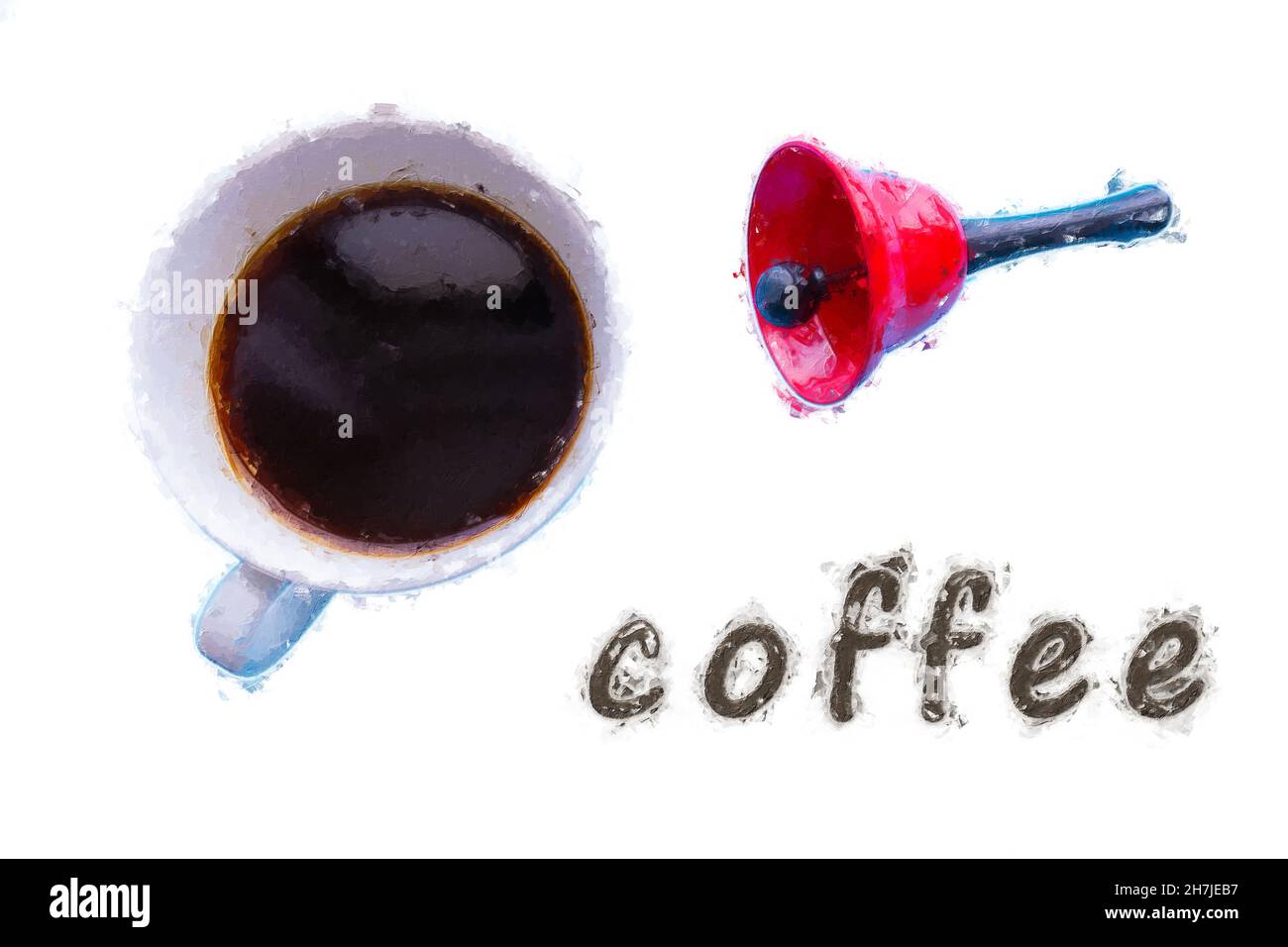 Painting of cofee and bell. In another corner of the picture is a white ...