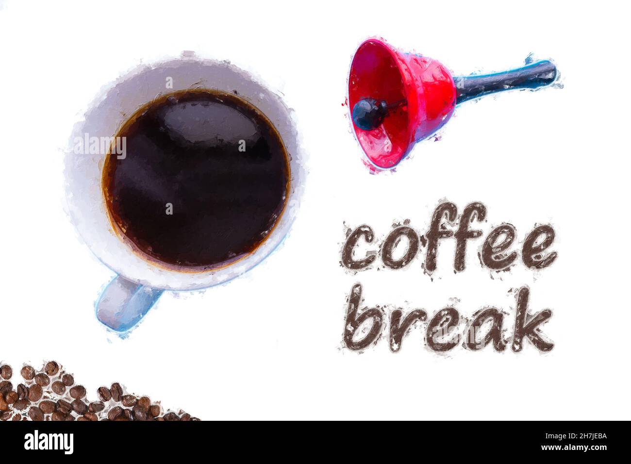 Painting of cofee and bell. In another corner of the picture is a white ...