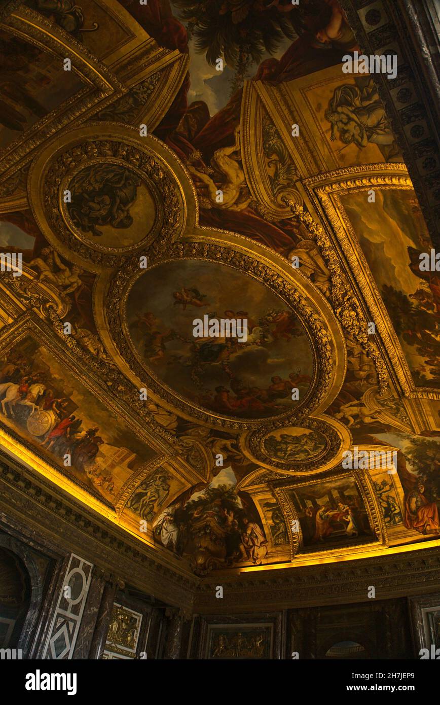 PARIS, FRANCE - Oct 01, 2019: A vertical shot of decorative ceiling art ...