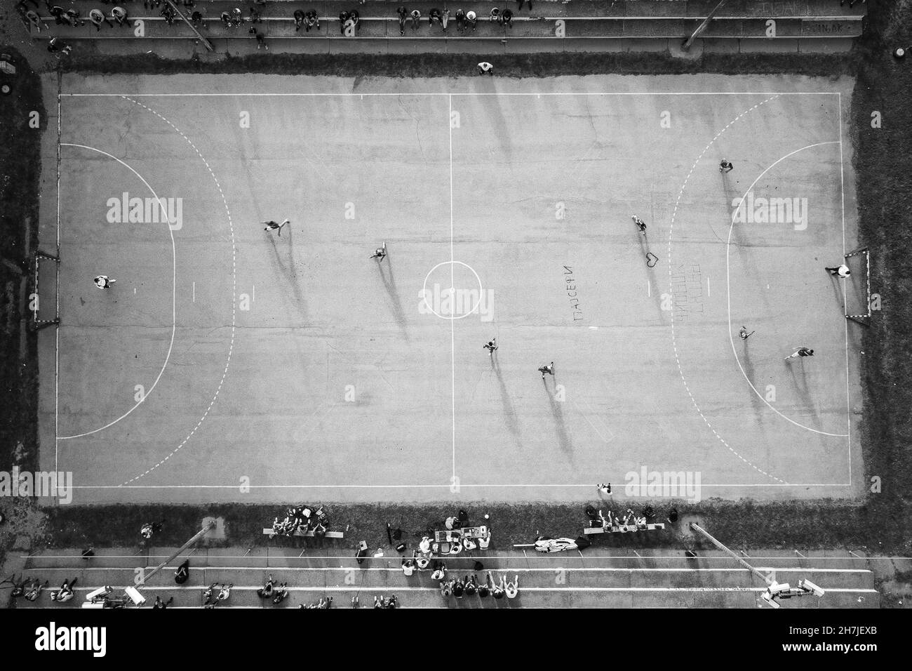 Grayscale tp view of football court Stock Photo - Alamy