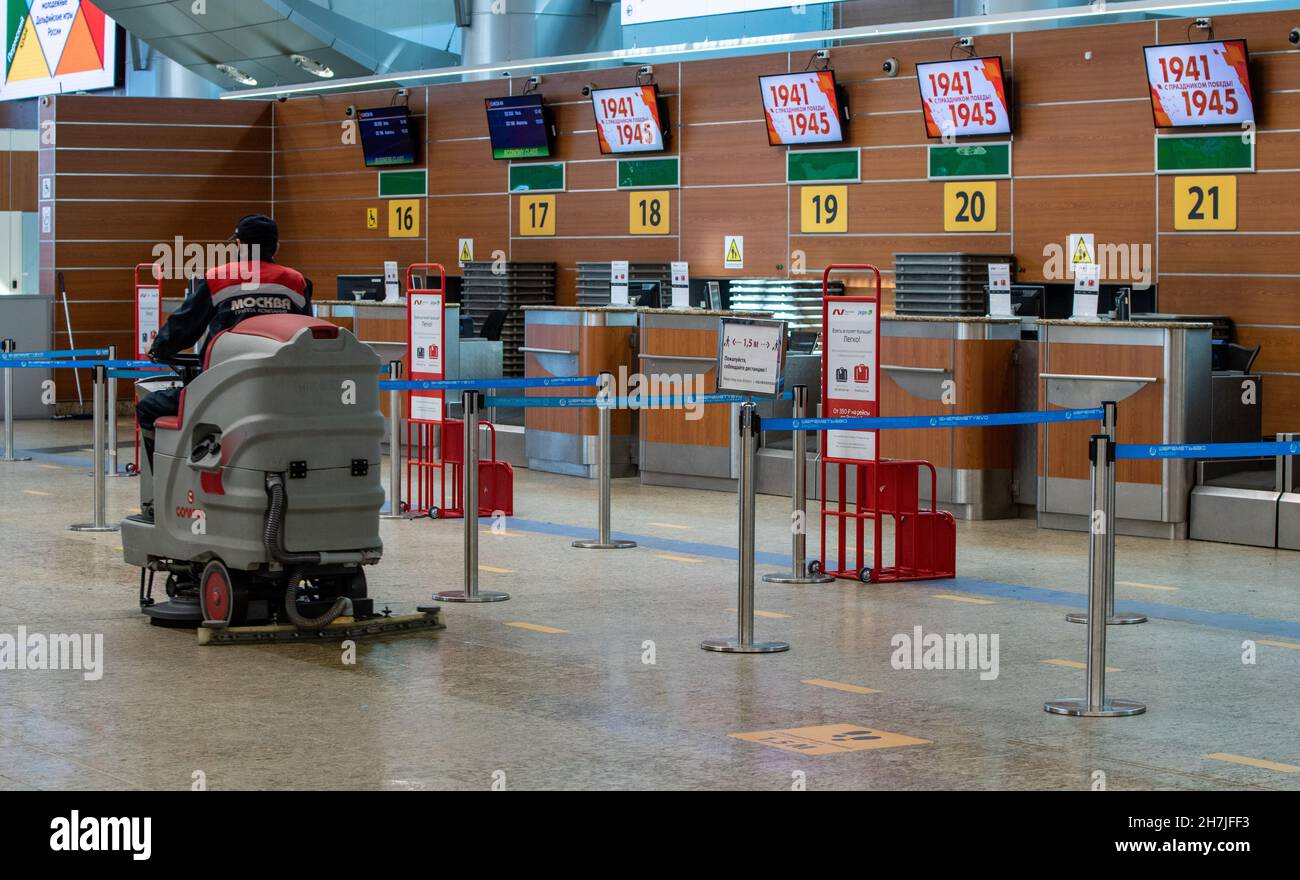 May 11, 2021, Moscow, Russia. A wedge service employee on a scrubber ...