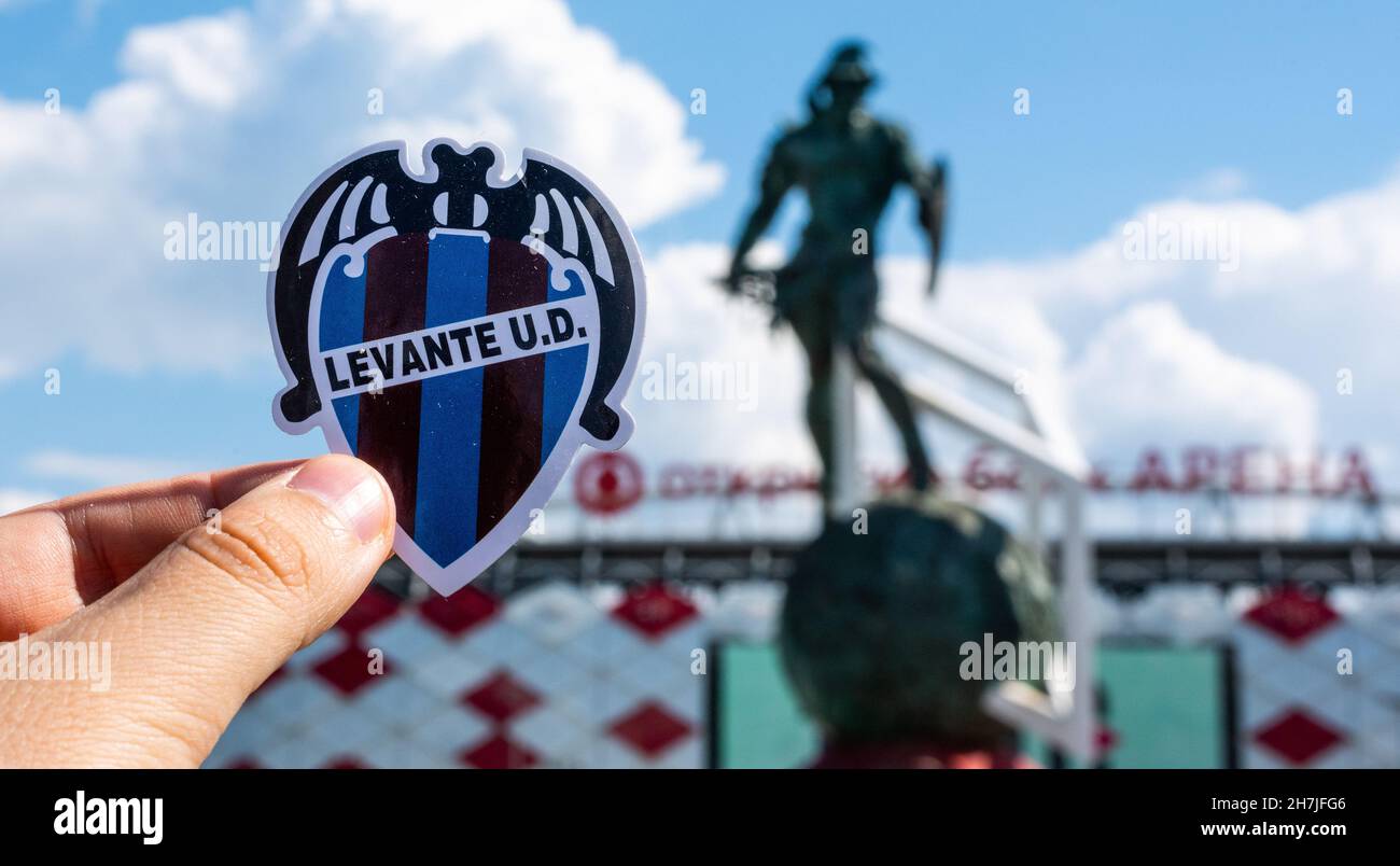 June 14, 2021, Valencia, Spain. The emblem of the football club Levante ...