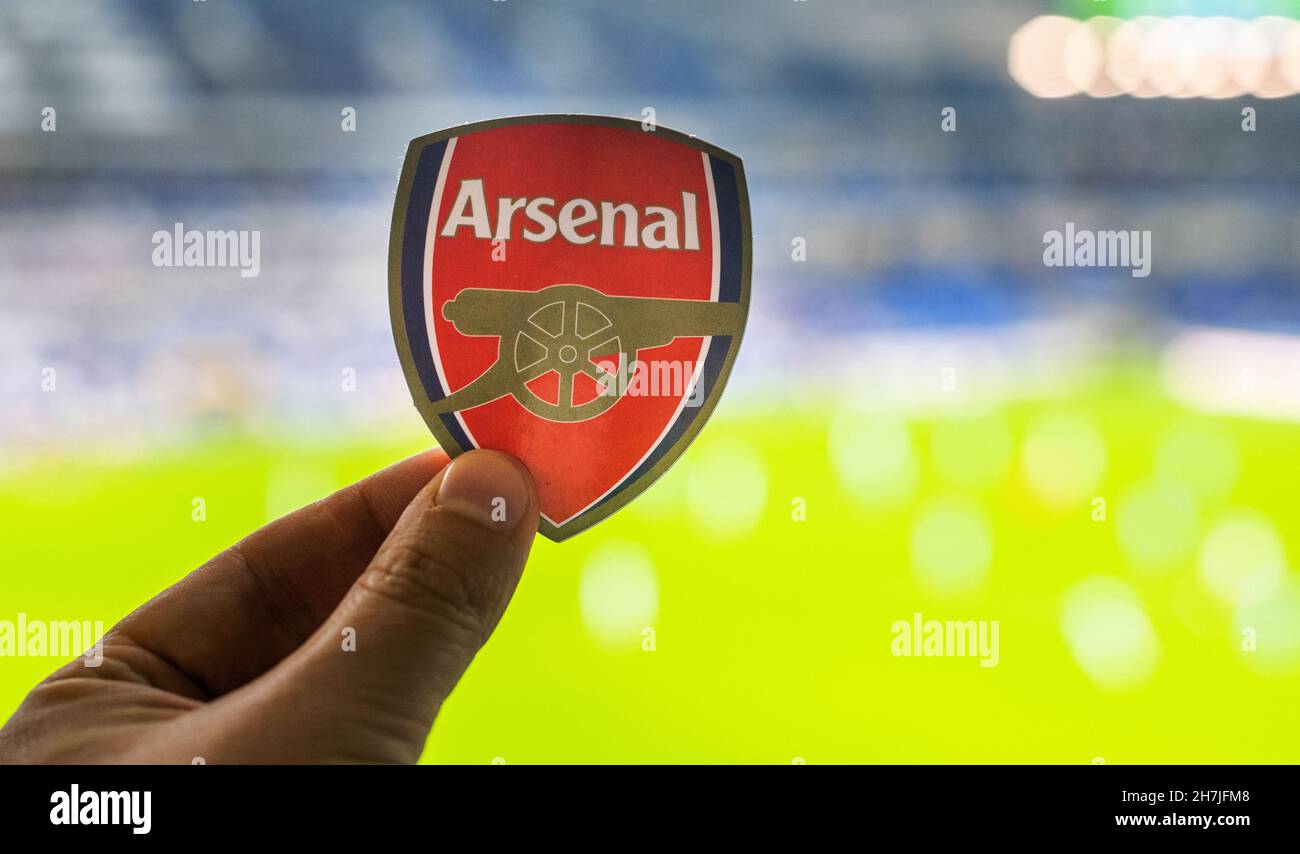 September 12, 2021, London, UK. Arsenal F.C. football club emblem ...