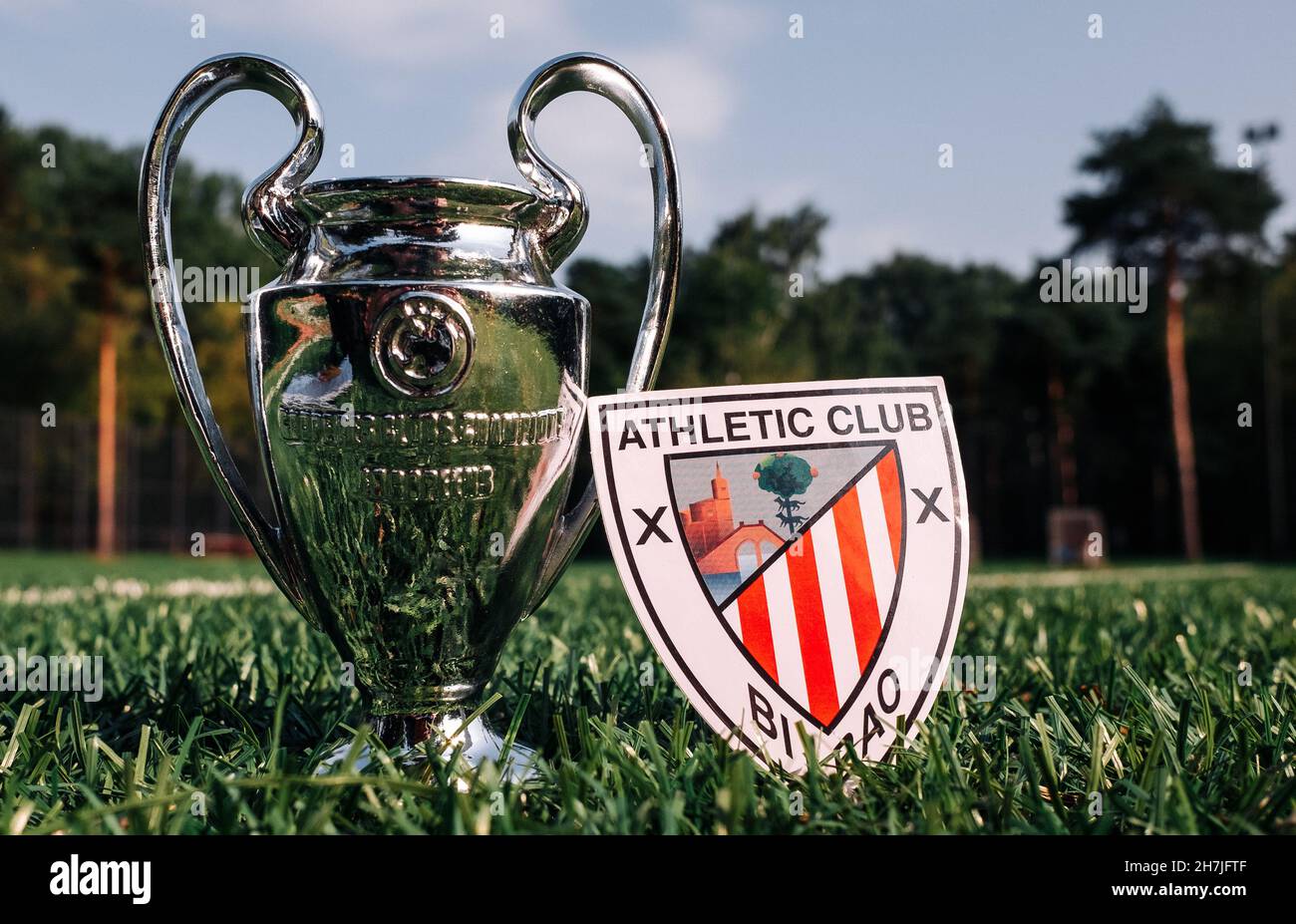 August 30, 2021 Bilbao, Spain. The emblem of the Athletic Bilbao ...