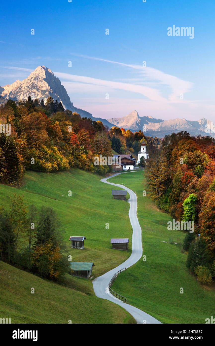 View of the church village Wamberg, with Zugspitze Waxenstein and ...