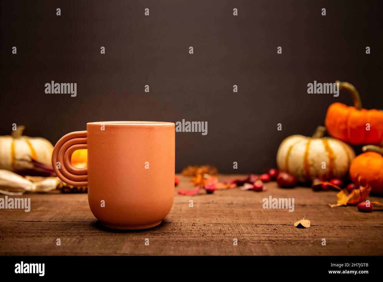 Fall front view background composition. Coffee mug, Fall concept, Happy ...