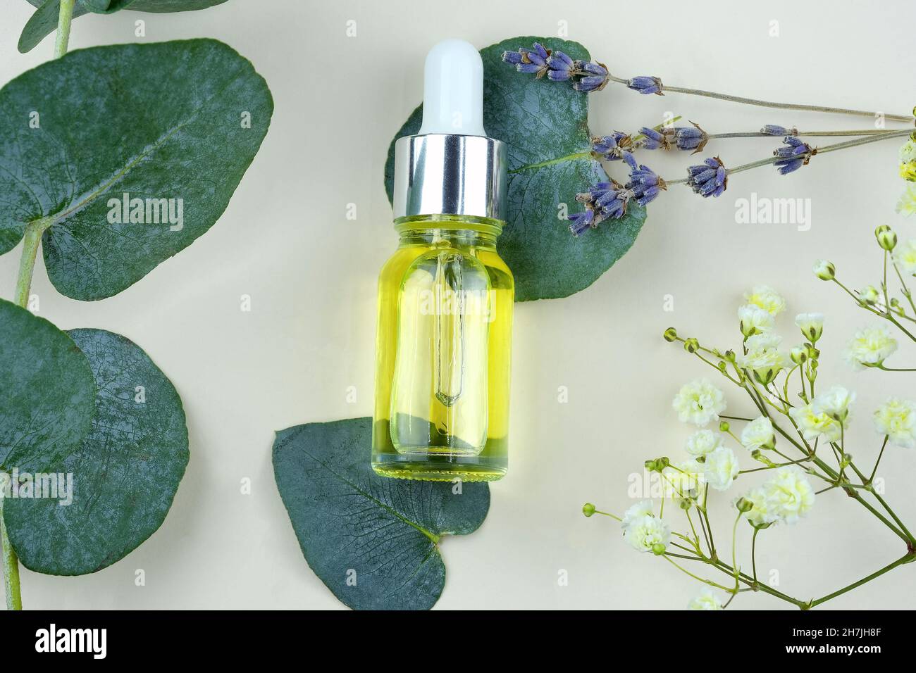 Yellow essential oil in a glass bottle with a dropper top view. Organic ...