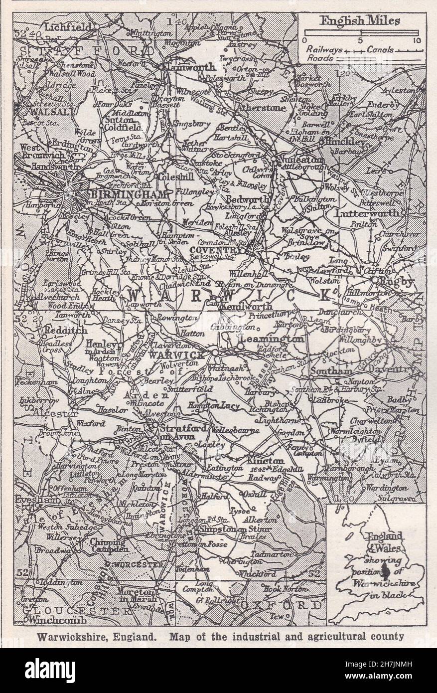 Vintage map of Warwickshire, England showing the industrial and ...