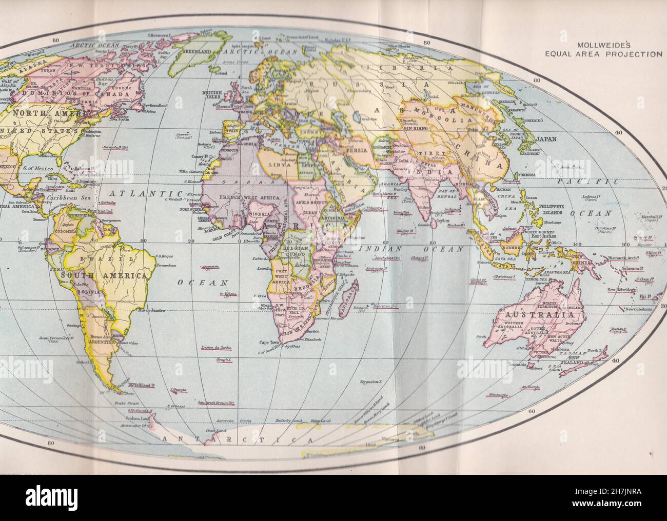 Vintage map of the world on Mollweide's Projection / Mollweide's Equal ...