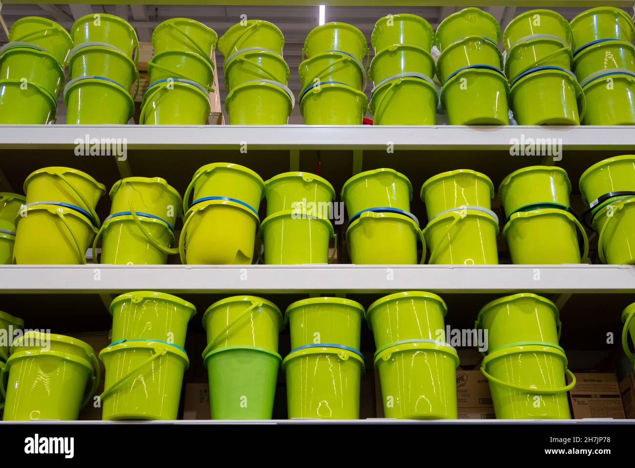 Moscow, Russia - November 20, 2021:buckets at the hardware store. High ...