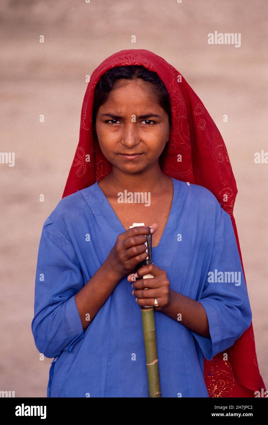 A child shepherdess, at the village of Mithi, in Thar Parkar desert ...