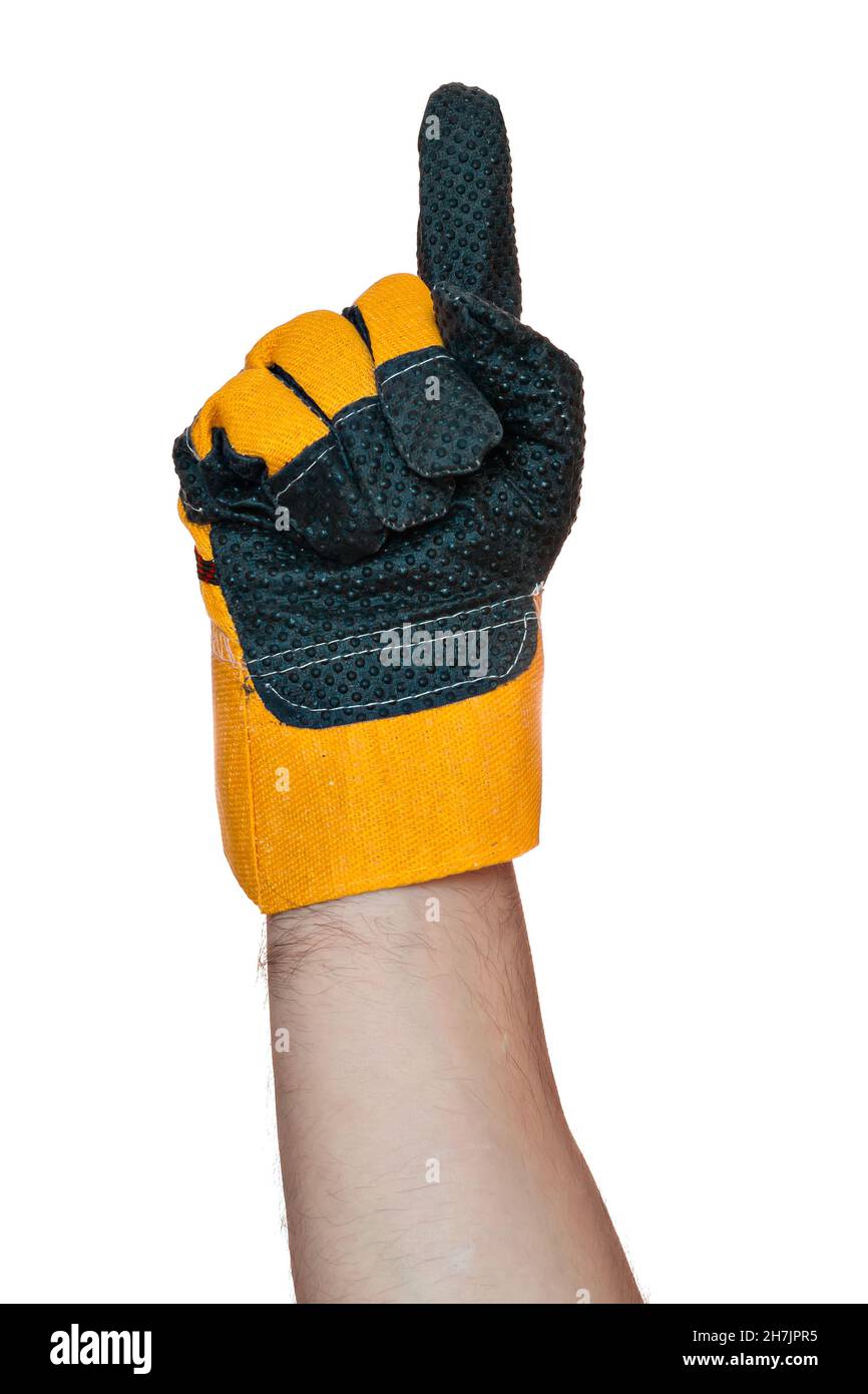 Man's hand in construction glove with index finger up. Information for ...