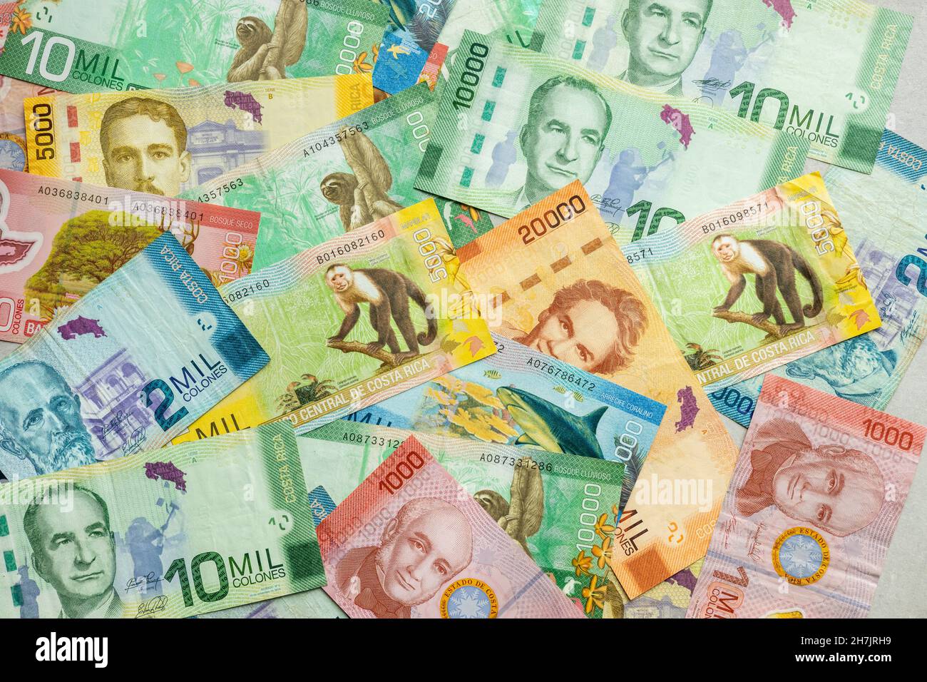 Costa Rican money, all banknotes scattered on the table, filled frame ...