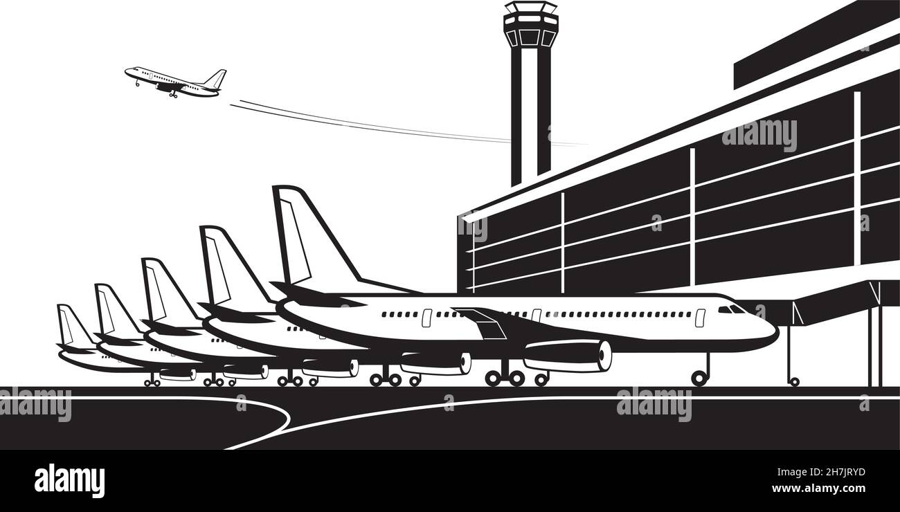 Passenger aircrafts at airport terminal - vector illustration Stock ...