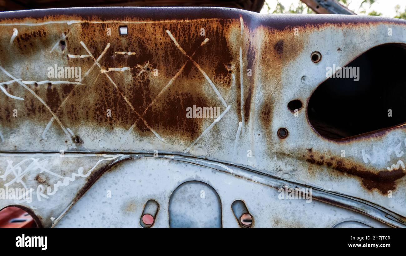Close up of a rusting panel of a vintage car under restoration Stock ...