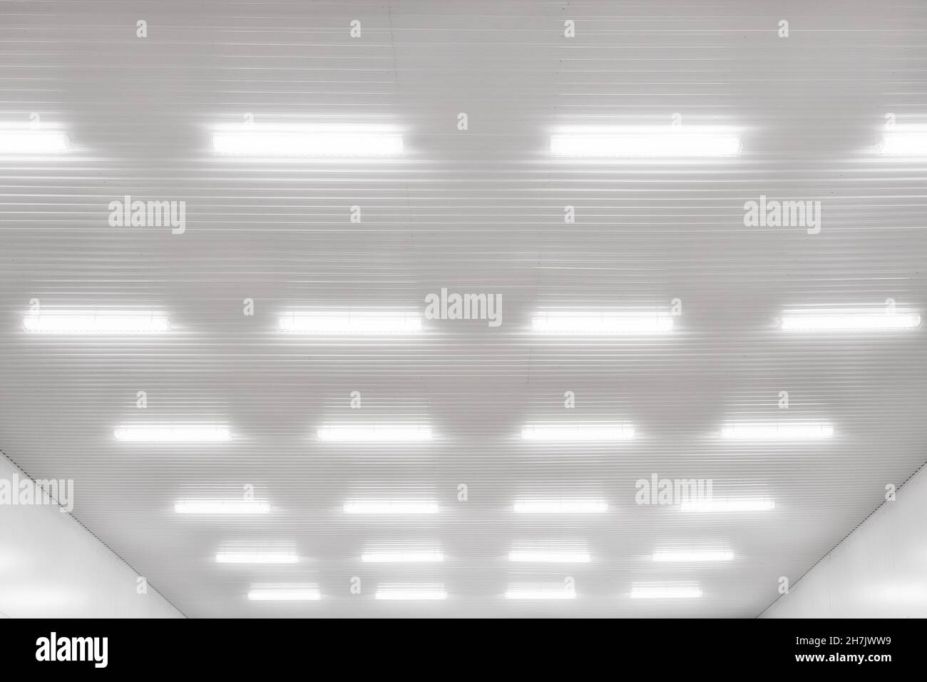 Many LED industrial lamps hang on white ceiling in production hall or ...