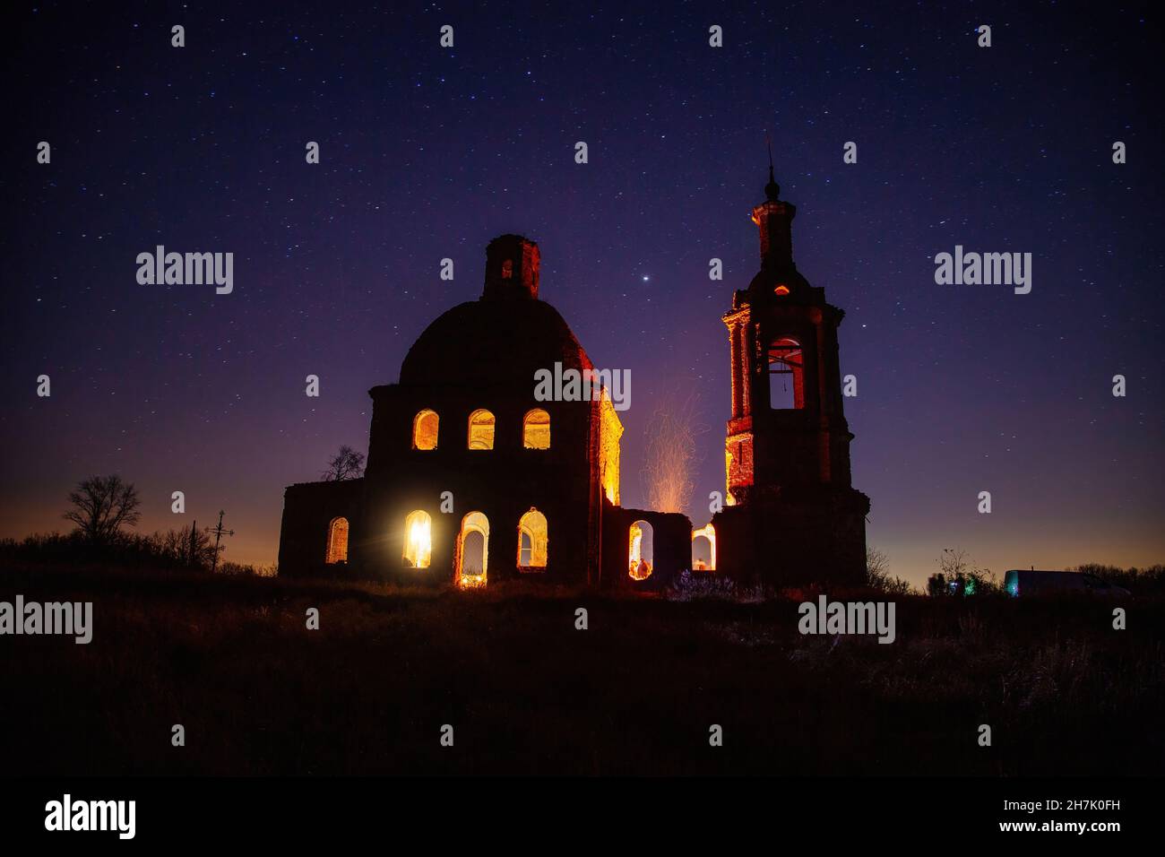 Old abandoned church in starry night. Church of the Sign in Old Oskol ...
